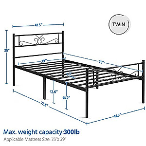 Topeakmart 13 inch Classic Metal Bed Frame with Headboard Mattress Foundation/Platform Bed/Slatted Bed Base,Twin Size