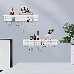 ROSE BLOOM Jewelry Organizer Wall Mounted, Wood Hanging Jewelry Organizer Holder with Removable Bracelet Rod and 42 Hooks for Hanging Rings, Earrings, Necklace Display, Set of 2, White