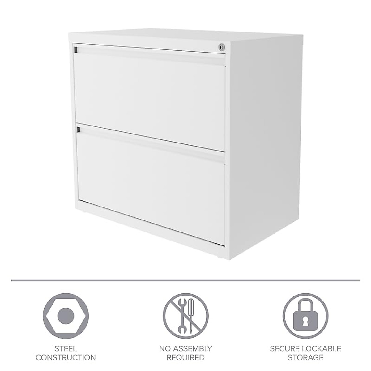 Hirsh 30" W Modern Metal Lateral File Cabinet with 2 Drawers & Secure Lock, Powder Coat, for Home/Office, in White Finish