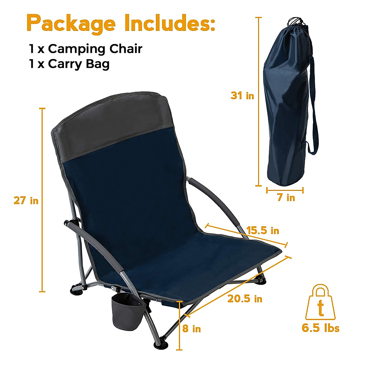 Pacific Pass Lightweight Camp and Beach Chair w/ Built-In Cup Holder, Includes Carry Bag - Navy/Gray