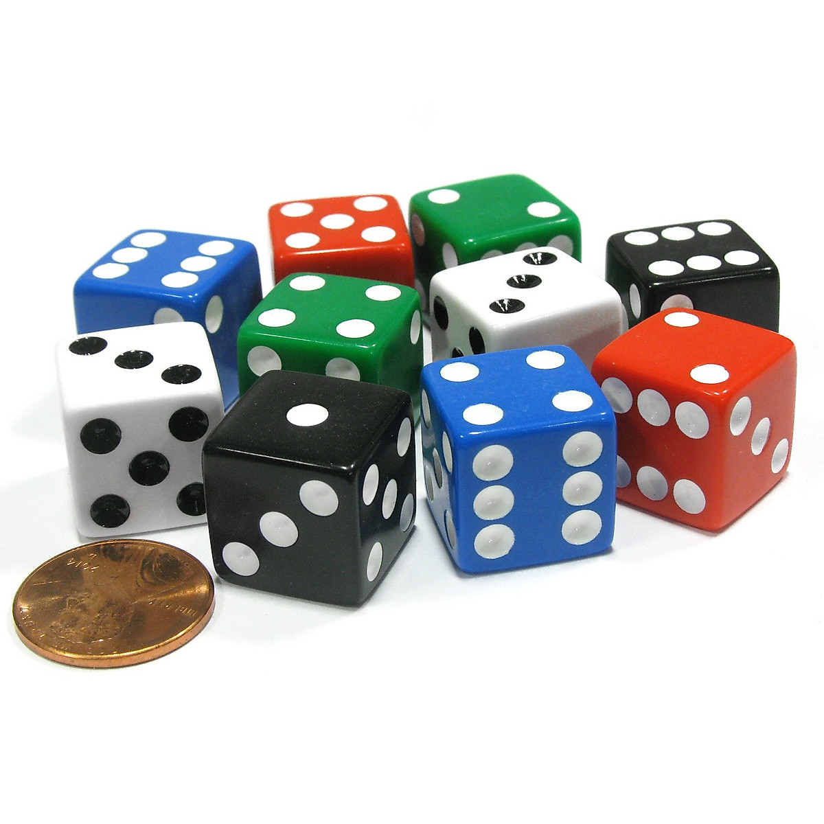 Koplow Games Set of 10 Six Sided Square 16mm D6 Dice - 2 Each of Red White Blue Green Black