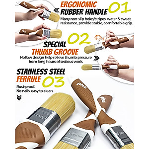 PinStone 3 Pack Professional Paint Brushes Set, 1", 1.5", 2" Synthetic Bristles Paint Brush, Easy-Grip Rubber Handle, Cabinet Paint Brush, Chalk Paint Brush, Paint Brushes for Walls, Smooth Finish