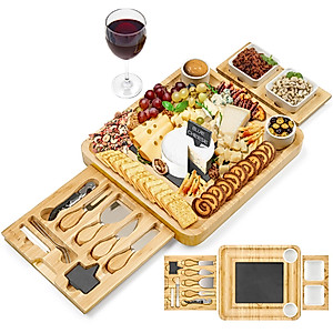 Secura Large Charcuterie, Bamboo Cheese Board and Cutlery Knife Set for Wine Meat Cheese Platter Slate Board Unique Gift for Housewarming, Wedding