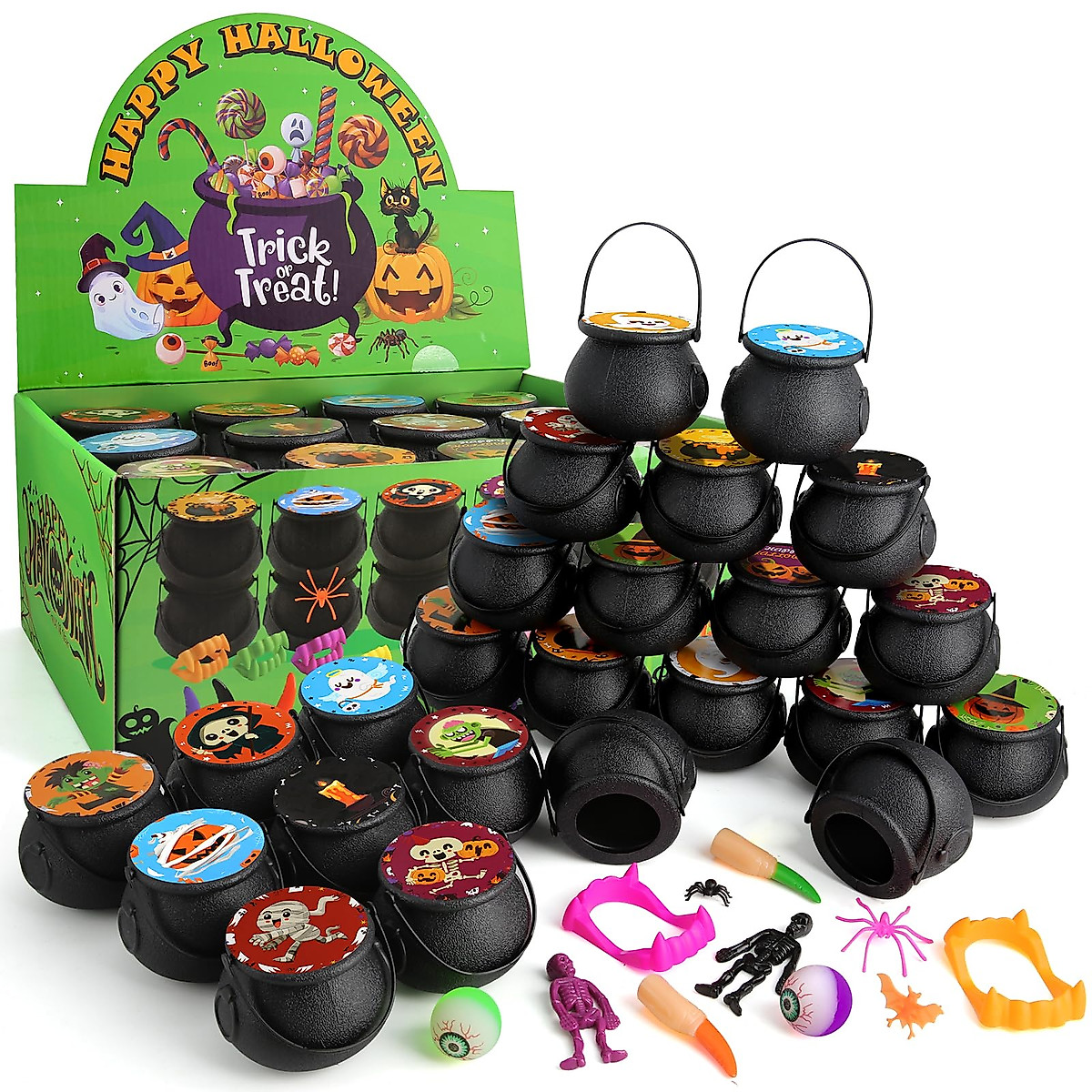 SURCVIO 168 PCS Halloween Party Favors 24 Pack Prefilled Small Plastic Witch Cauldron Halloween Toys in Bulk Halloween Prizes Gifts Miniatures for Kids Trick or Treat