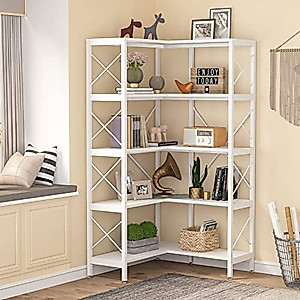 Tribesigns 5-Shelf Corner Bookshelf, Large Modern Corner Bookcase, 5-Tier Tall Corner Shelf Storage Display Rack with Metal Frame for Living Room Home Office (White)