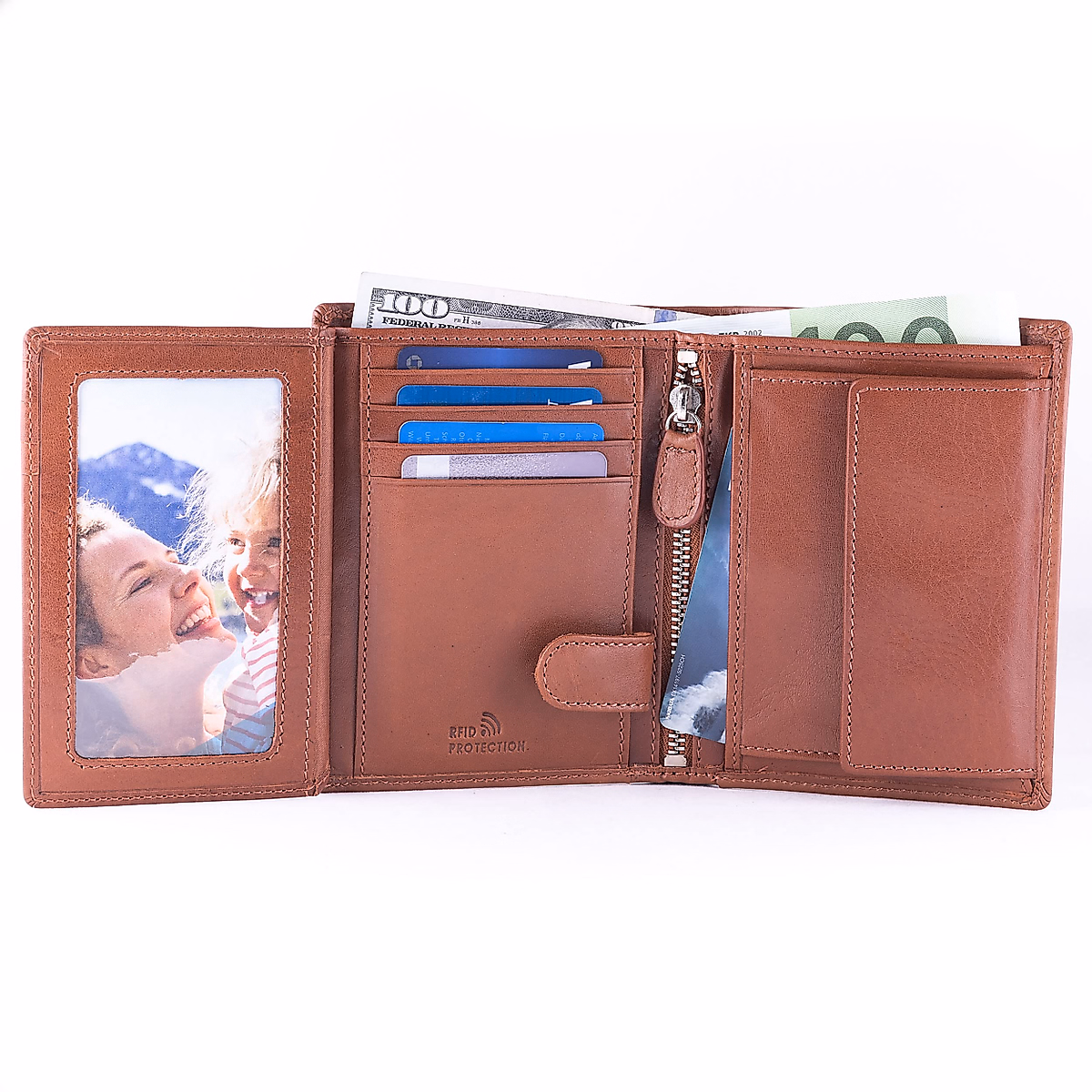 DiLoro Mens Full Size Large Capacity Genuine Full Grain Leather Wallet Bifold Flip ID Coin & Zip Pockets RFID Blocking Anti-Theft (Bugatti Tan)