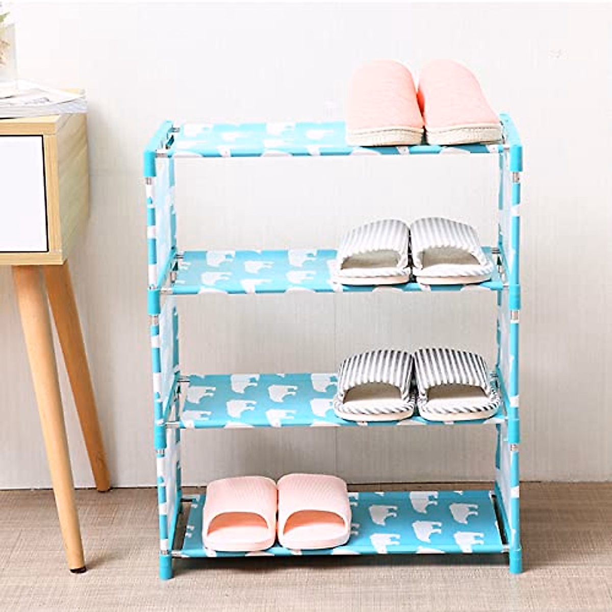Jucaifu 4 Tiers Small Shoe Rack, Fabric Shoe Shelf for Closet Bedroom Entryway,Stackable Shoe Rack (Blue)