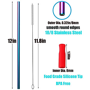 Wobye 12'' Tall Metal Straws Replacement for Stanley Quencher 64 40 30oz Cup, 4 Pack Long Stainless Steel Straw with Silicone Tip Cleaning Brush for Simple Modern Trek 40oz Tumbler