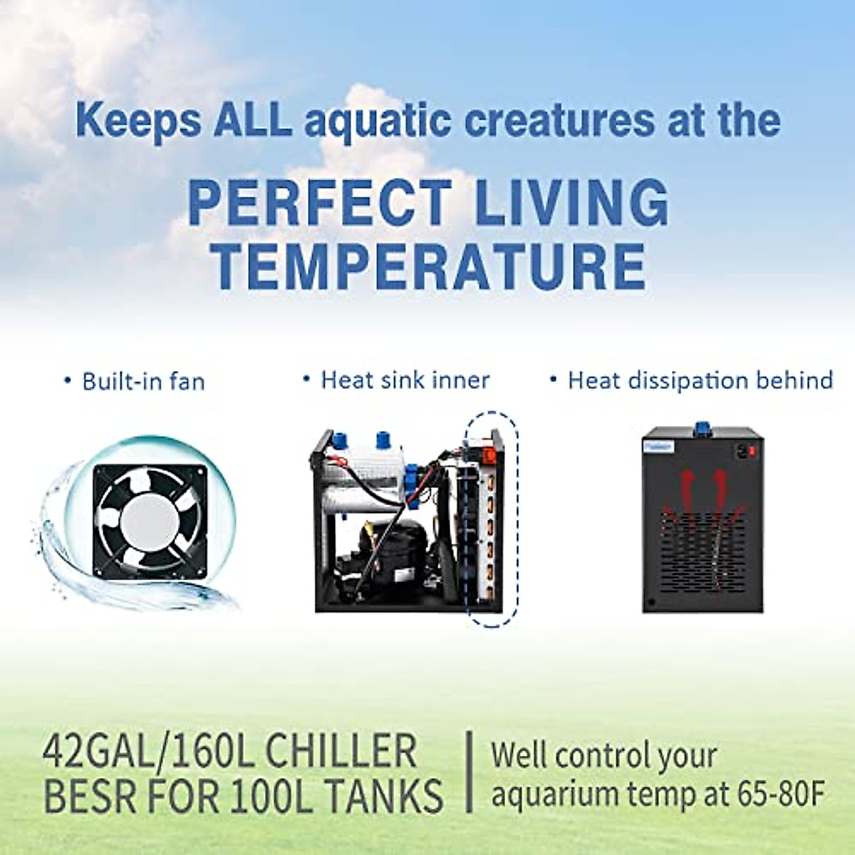 Poafamx Aquarium Chiller 42gal 1/10 HP Hydroponics Water Chiller for Home Use Fish Axolotl Coral Shrimp Farming 110V with Pump and Pipe