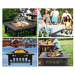 HEMBOR 32" Outdoor Fire Pit Table with Grill, Wood Burning Fireplace Bowl, Multi-Function Square Stove, w/Spark Screen, Poker, Rainproof Cover for Picnic, Camp, Bonfire, BBQ, Patio, Backyard, Party