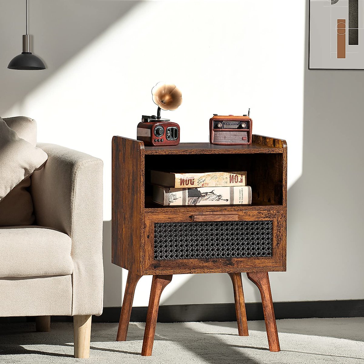 Lerliuo Rattan Nightstand, Side Table with Drawer Open Shelf, Cane Accent Bedside End Table with Solid Wood Legs, Mid Century Modern Night Stand for Bedroom, Dorm and Small Spaces (Brown)