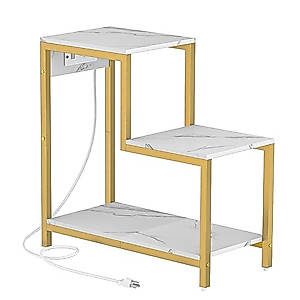 Snughome End Table with Charging Station, Narrow Side Table, 3 Tier Modern Nightstand with USB Ports and Outlet, Sofa Beside Table for Living Room, Bedroom，White and Gold