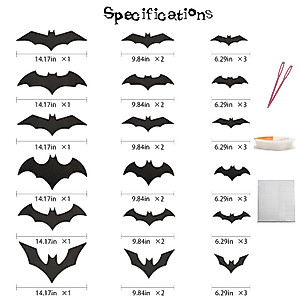CCINEE 3D Halloween Hanging Bats Decoration,Large Glittery Bat Wall Decal Stickers for Halloween Party Decor Supply,36PCS