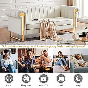 Xozor 83" Chesterfield 2 Person Couch, Velvet Loveseat Couch Sofa Tufted Upholstered Couch with Gold Stainless Steel Legs and Square Rolled Arms for Living Room Bedroom Apartment (Beige)