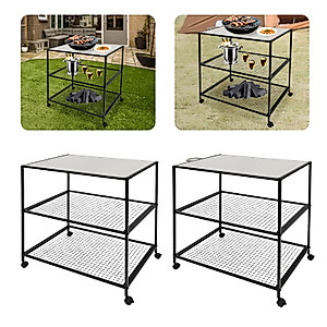 RIAHNEAH Outdoor Grill Cart with Wheels, Picnic Table with 3 layerStorage Shelves, Movable Dining Cart Worktable Trolley for BBQ, Portable Dining Cart Patio Bar Table
