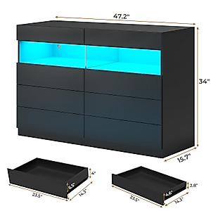 BTHFST 8 Drawer Dresser for Bedroom with RGB Lights & Power Outlet, 47" W Double Dresser with Open Shelves, Modern No Handle Chest of Drawers for Closet, Black