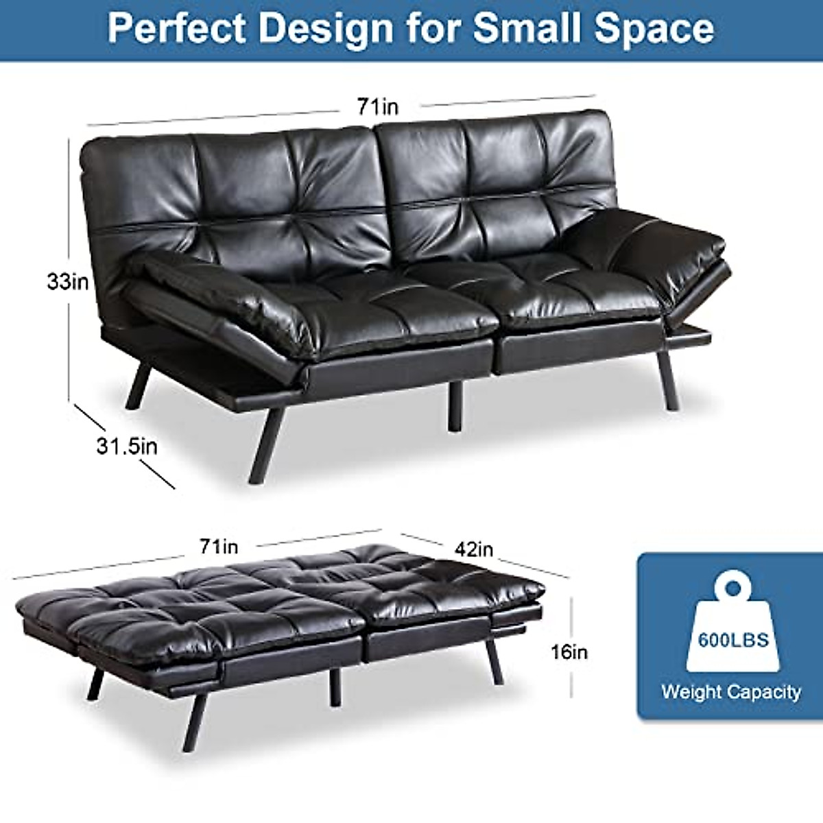 Maxspeed Sofa Bed, Modern Convertible Futon Sleeper Couch Daybed with Adjustable Armrests for Studio, Apartment,Office,Small Space, Compact Living Room,Black