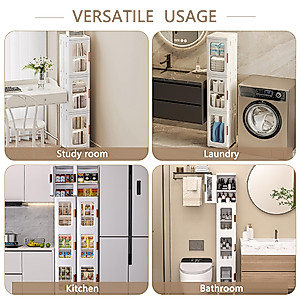 VECELO 4-Tier Tall Narrow Storage Cabinet with Movable Wheels, Adjustable Shelves, Anti-Tip, Slim, for Small Space, Bathroom, Kitchen, Laundry, White