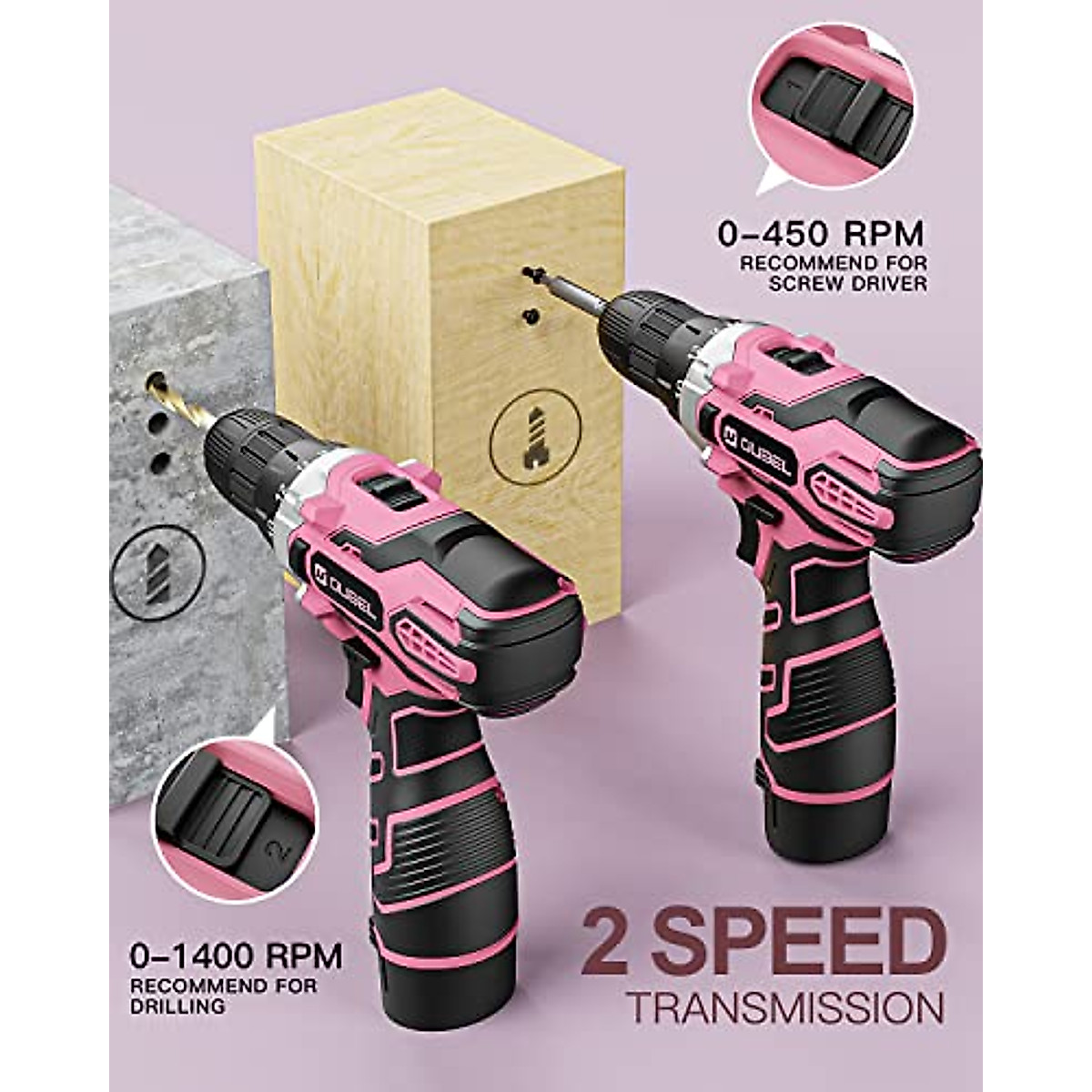 Pink Drill, OUBEL 12V Pink Cordless Drill Set, Pink Drill Set for Women, Power Drill, 2.0AH Battery, 18+1 Torque Setting, 3/8" Keyless Chuck, 2 Variable Speed, 15Pcs Driver/Drill Bits and Storage Bag