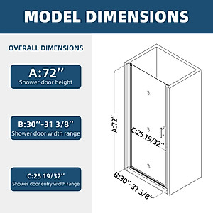 ACE DECOR 30-31.4" W x 72" H Frameless Pivot Shower Door, 1/4" (6mm) Clear SGCC Tempered Glass Shower Door, Pivot Swing Shower Glass Door in Matte Black Finish, Reversible Installation