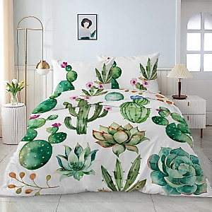 ARIGHTEX Bright Cactus Pattern Bedding Set Green Plants Cactus Print 3 Pieces Duvet Cover Set Nature Art Prints Decor Collection (Queen)