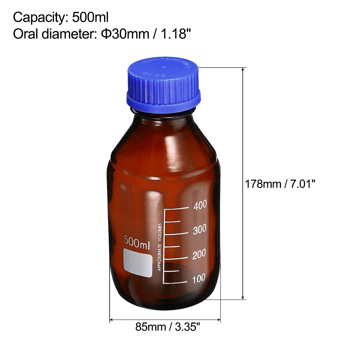 PATIKIL 500mL Reagent Media Bottle, 1Pcs Round Graduated Glass Storage Bottle Blue Screw Cap for Chemistry Lab Universities Home, Amber