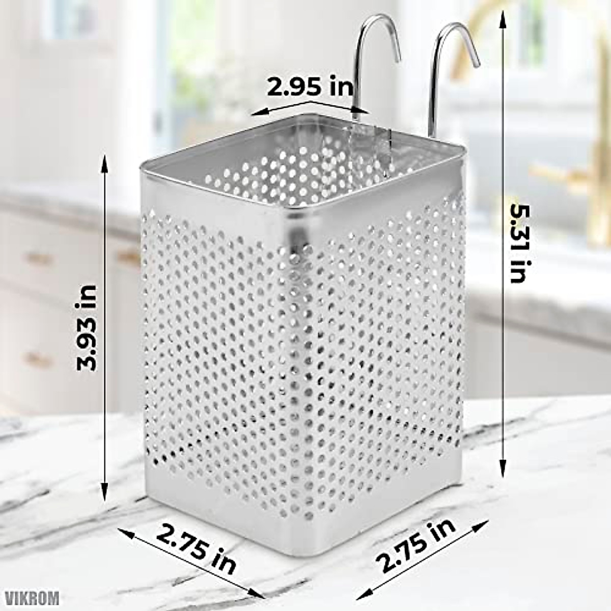 Stainless Steel Utensil Holder for Kitchen Counter - Perforated Kitchen Utensil Holder for Countertop Chopstick Spoon Spatula Holder Dryer Rack with Hooks - Utensil Caddy for Cooking Utensils Holder