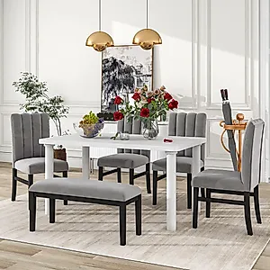 6 Piece Dining Table Set for 6 with Bench Marble Veneer Dining Room Table, White+Gray