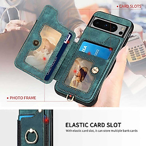 JanCalm for Google Pixel 8 Pro Case Card Holder Wallet, Ring Stand, RFID Blocking, Wrist Strap, Camera Protector, Leather Magnetic Clasp Protective Cover for Google Pixel 8 Pro (Green)