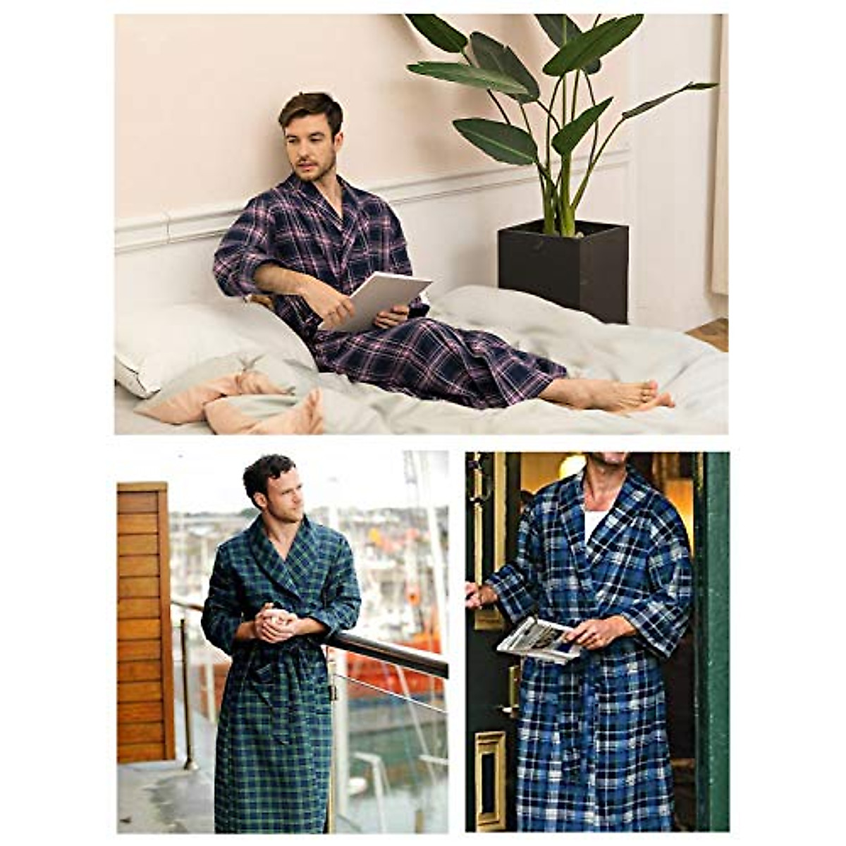 SIORO Mens Robes Flannel 100% Cotton Plaid Bath Robe Soft Flannel Bathrobe Sleepwear for Bath Shower Lounging, Christmas Red and Green Plaid, Large