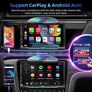Double Din Car Stereo with CD/DVD Player, Apple CarPlay/Android Auto 7” Double din Radio with Backup Camera, Mirror Link, Bluetooth, AM FM Radio Receiver, SWC, Subwoofer, USB/TF/AUX…