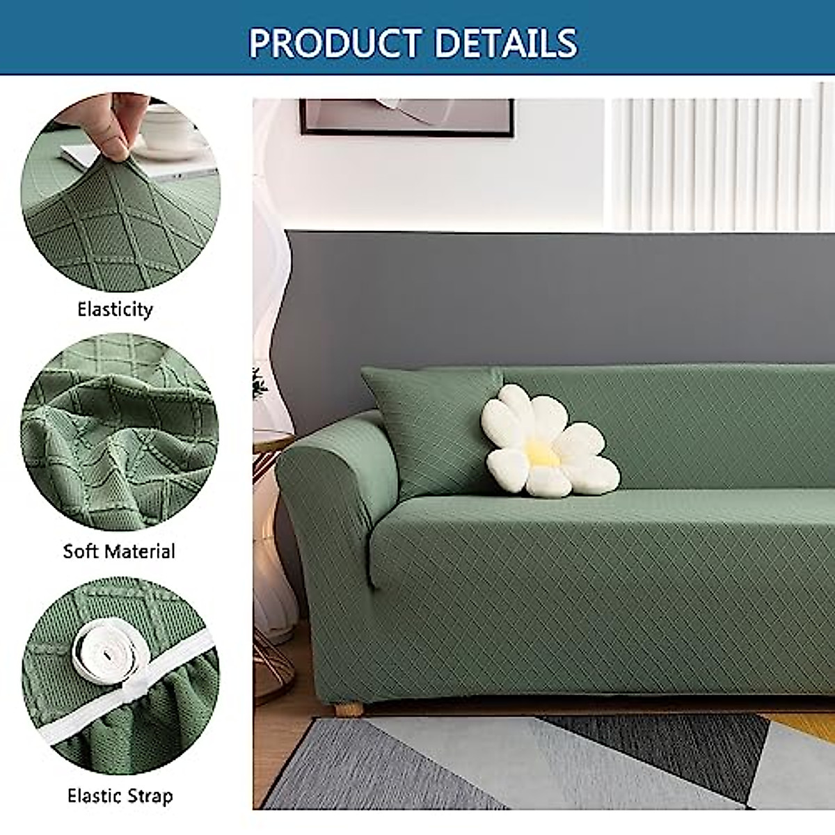 GUYIRT Solid Color Sofa Cover for 3 Cushion Couch, Easy Fit Sofa Cover, Stretch Universal Couch Cover for Sofa with Armrest-Blue-4 Seater(235-300cm)
