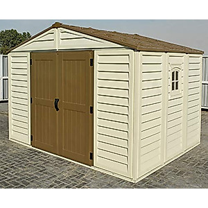 Duramax 0638801402145 Woodbridge Plus 10.5 x 8 Plastic Garden Shed with Foundation Kit & Fixed Window Brown-15 Years Warranty, 10x8, Brown & Ivory