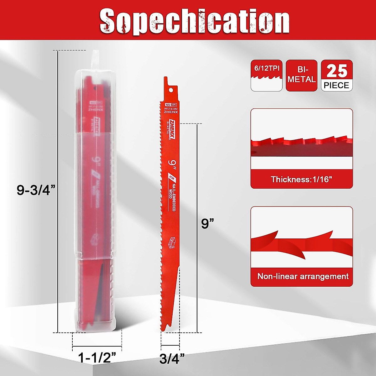 25 Pack 6/12tpi 9 Inch Saw Blade Wood with Nails Cutting,Bi-Metal Reciprocating Saw Blades for Nail-Embedded Wood, Organizer Case Included