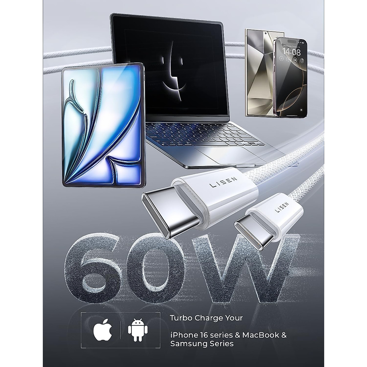 LISEN for iPhone 16 15 USB C to USB C Fast Charging, 60W USB C Cable Type C Fast Charging Cable for iPhone 16 15,Samsung Galaxy S25 Ultra Plus S24 S23 iPad Pro 13 12.9inch, iPad Air 5,White 3Pack 6FT