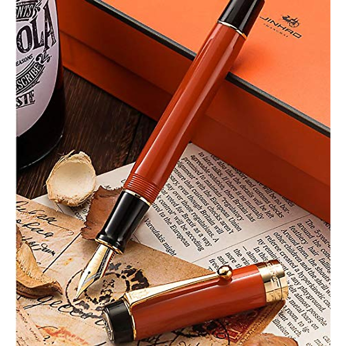 Jinhao Classic Fountain Pen Orange Red Celluloid, Medium Nib with Conveter and Pen Case Set