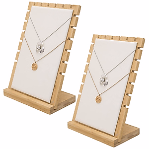 MyGift 2-Pack Bamboo Jewelry Display Stands with PU Panel & Multi-Rung Design – Detachable Bases, Non-Scratch Surface | Portable Necklace Holder for Home, Boutique, Countertop
