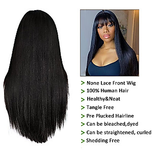 Lzlefho Silky Brazilian Virgin Straight Human Hair Wigs with Bangs 130% Density None Lace Front Wigs (Natural Black, 16inch)