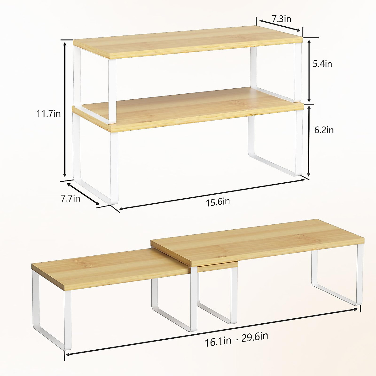 NEX Kitchen Cabinet and Counter Shelf Organizer, Stackable & Expandable, Set of 4, White and Natural - 7.7 x 15.6 x 6.2''