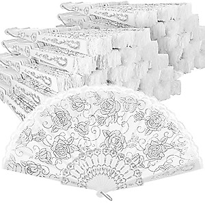 Maitys 70 Pieces Lace Floral Hand Fans Retro Elegant Chinese Folding Fan White Vintage Bridal Handheld Dancing Fan Props for Wedding Party Church Ladies Girls Favors