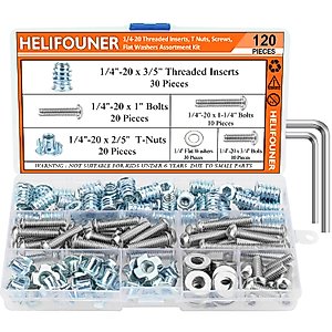 HELIFOUNER 1/4"-20 Threaded Inserts for Wood Furniture, 1/4"-20 T Nuts, 1/4-20 x 3/4", 1", 1-1/4" Button Head Socket Cap Screws, 1/4" Flat Washers Assortment Kit, 120 Pieces
