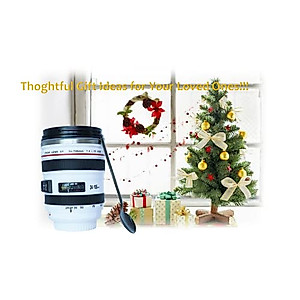 PhantAccy Camera Lens Coffee Mug / Cup Non-BPA Food Grade SUS-304 Stainless Steel Leakproof Travel Mug Tea Water Bottle with Lid and Spoon, 12 Ounce (White)