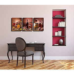 Baisuwallart-3 Pieces Kitchen Wall Decor Red Wine Cups HD Modern Framed Wall Art Drink Food and Beverage Restaurant Canvas Prints Pictures Paintings Wine Glass Barrel for Dining Room