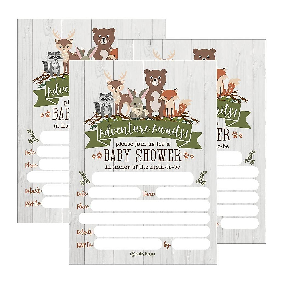 Hadley Designs 25 Cute Rustic Woodland Forest Invitations, 25 Books for Request Cards, Sprinkle Invite for Toddlers, Bring A Book Instead Of A Car, Invitation Inserts for Baby Shower