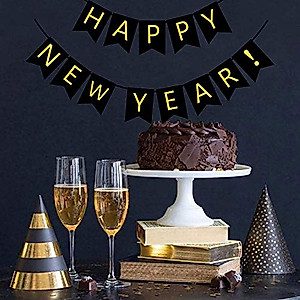FECEDY Happy New Year Banner Black Bunting with Gold Alphabet for New Year Party Supplier Eve Party Decorations