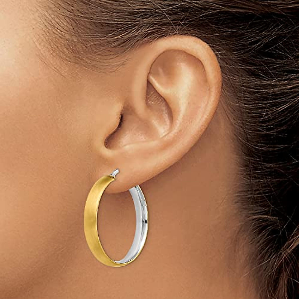14k Two Tone Gold White Large 5mm and Satin Hoop Earrings Fine Jewelry For Women Gifts For Her