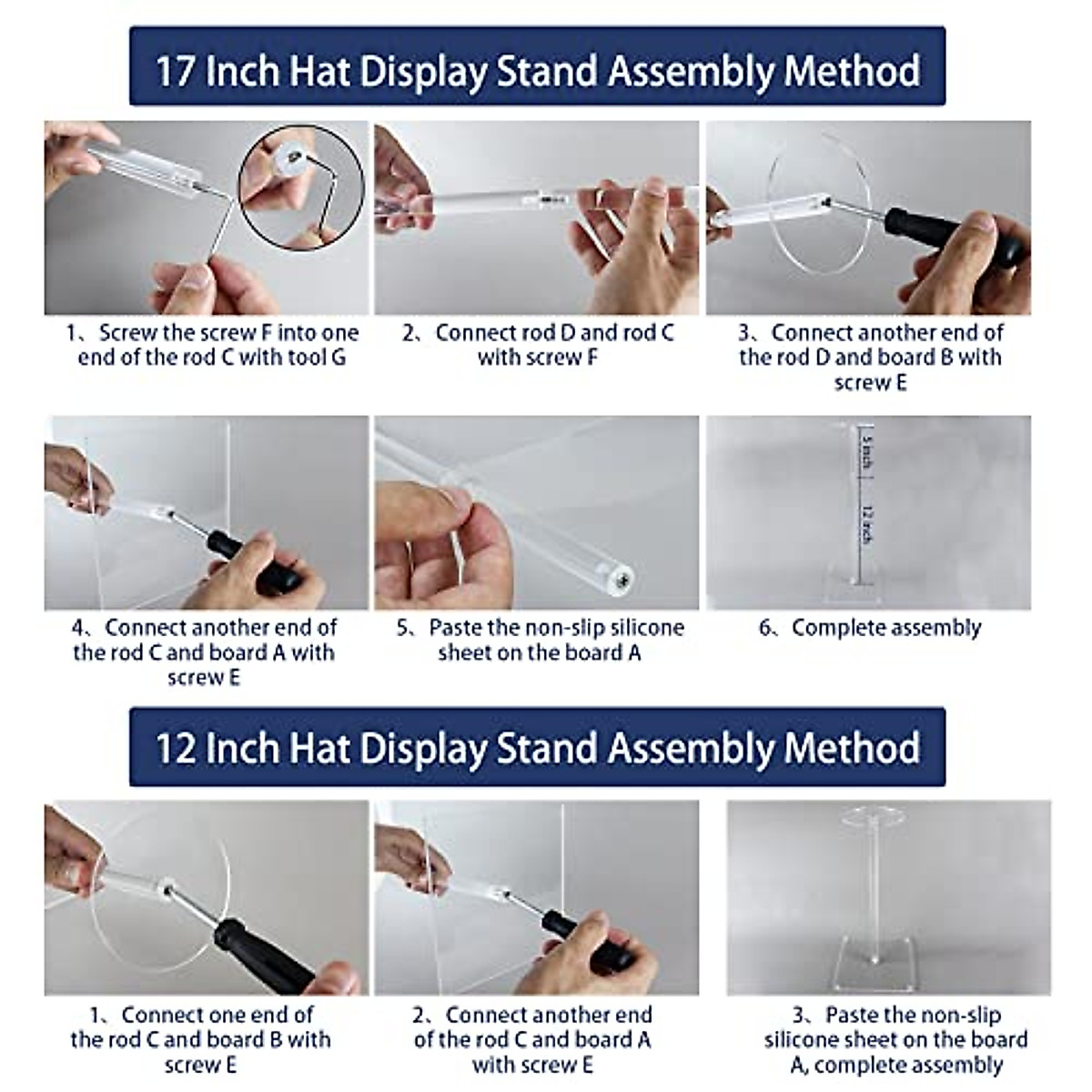 RSSCIIIUL Acrylic Hat Stand and Wig Display Rack, 2pcs 17" Clear Hat Stands for Display, Adjustable Height Hat Holder, Square Barbell Base Display, Hat Rack Stand for Display Jewelry Watch Helmets