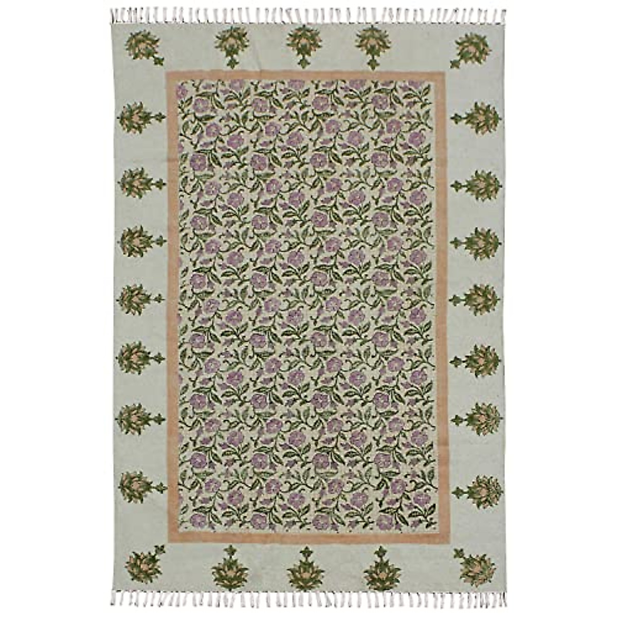 Casavani Hand Block Printed Cotton Dhurrie Floral Green & Pink Tassel Rug Easy Care Washable Rugs for Doormat Entryway Living Room Bedroom Hallway Balcony 9x9 Feet Square