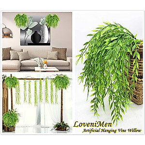 LoveniMen Artificial Weeping Willow, Plastic Plants Greenery Shrubs, Fake Hanging Vine Ivy Garland Outdoor Indoor Home Garden Verandah Parterre Wall Baskets Table Decoration UV Resistant 4 pcs