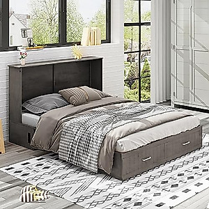 Horgaeo Queen Murphy Bed Cabinet with Mattress, Murphy Cube Cabinet Bed with USB Charging Station and Large Storage Drawer, Murphy Chest Bed for Small Guest Room, Home, Office, Gray